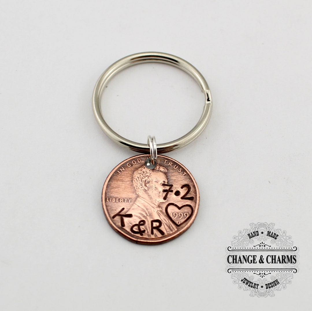 Anniversary Penny Keychain, Anniversary Keychain, Initial and Date ...