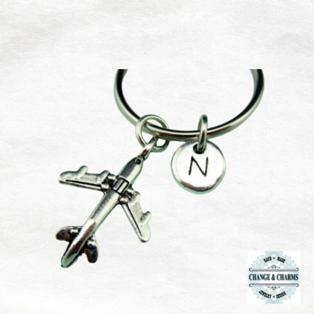 Airplane Keychain, Plane Keychain, Initial Charm, Silver Plated Initial ...