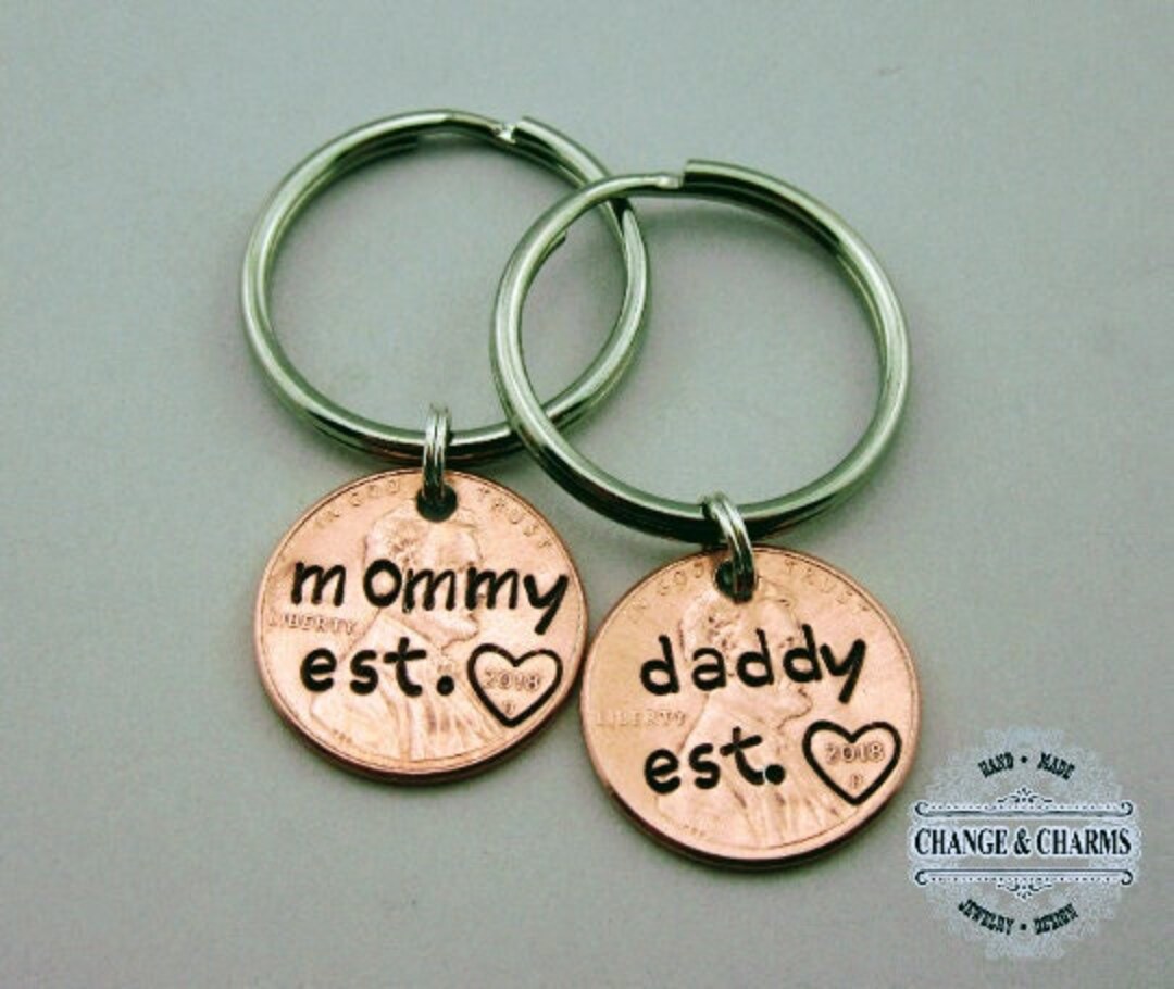 Mommy/daddy Est. Penny Keychain Set, Mom and Dad Keychains, Penny ...