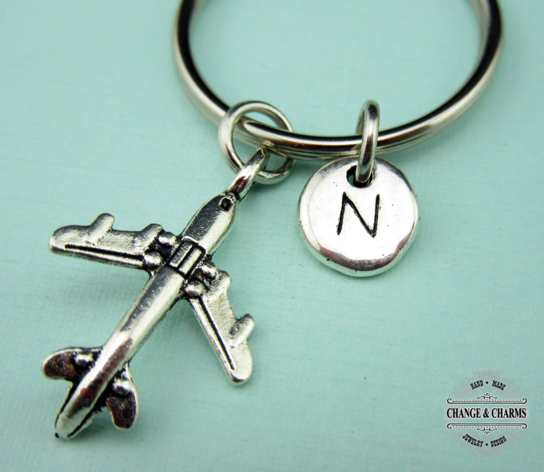 Airplane Keychain Plane Keychain Initial Charm Silver - Etsy