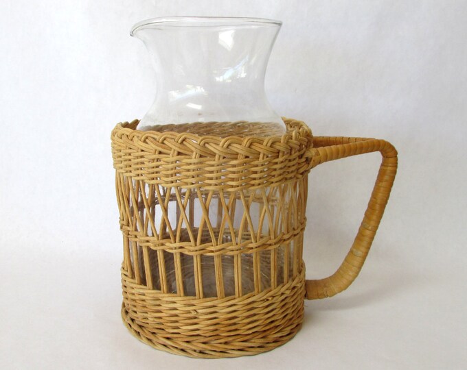 Vintage Glass Pitcher & Wicker Holder With Handle - Etsy