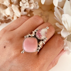Boho Cinnabar and Pink Opal Ring, Boho Silver Moon Rings, Silver 925 ...