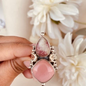 Boho Cinnabar and Pink Opal Ring, Boho Silver Moon Rings, Silver 925 ...