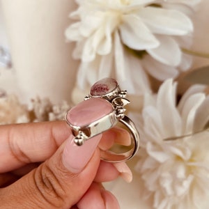 Boho Cinnabar and Pink Opal Ring, Boho Silver Moon Rings, Silver 925 ...