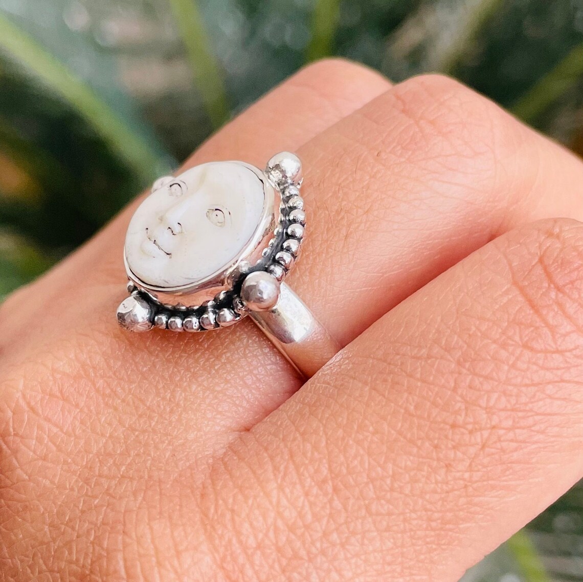 Moon Face Boho Solid Silver Ring for Women, Anniversary Gift for Women ...