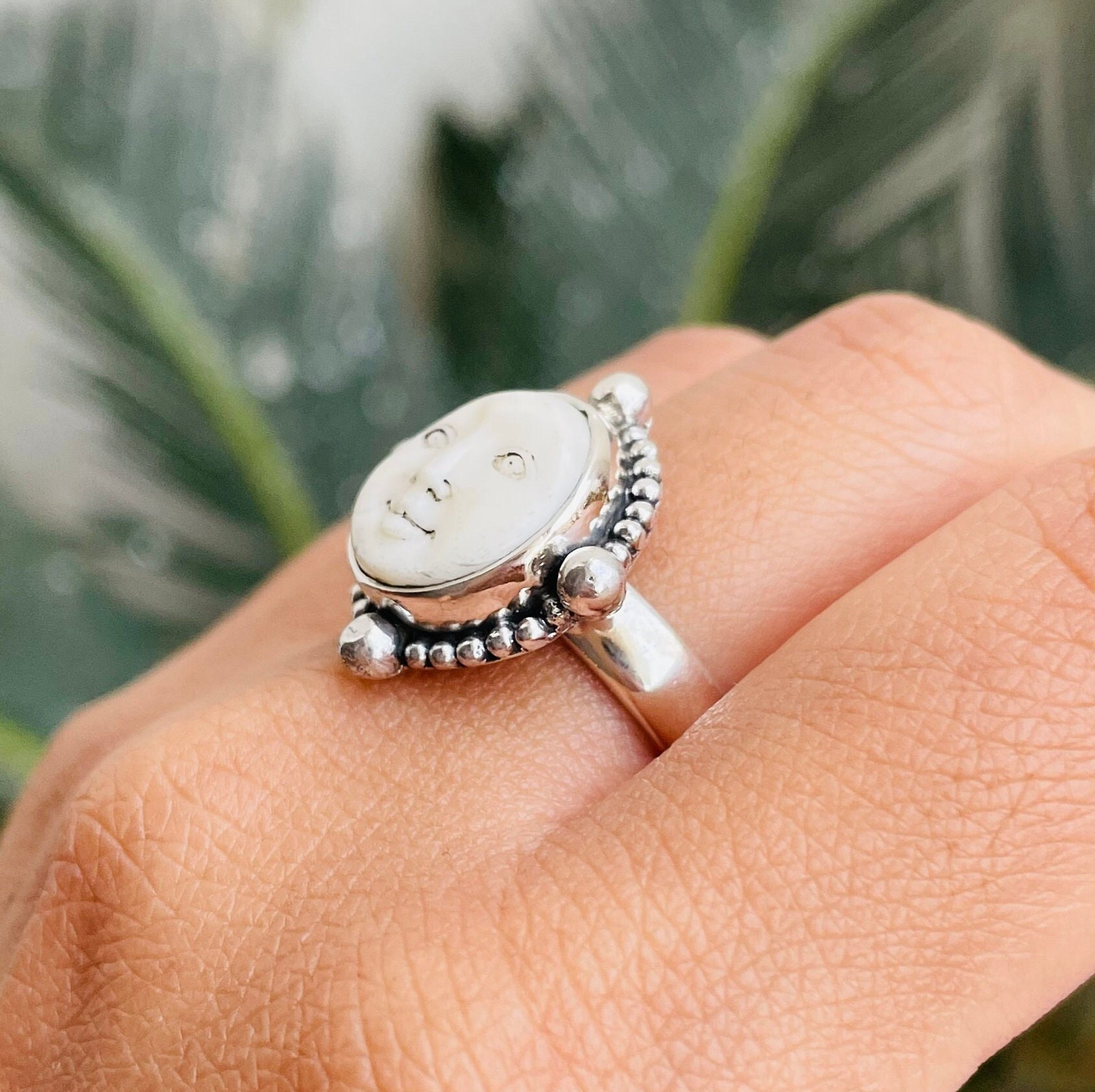 Moon Face Boho Solid Silver Ring for Women, Anniversary Gift for Women ...