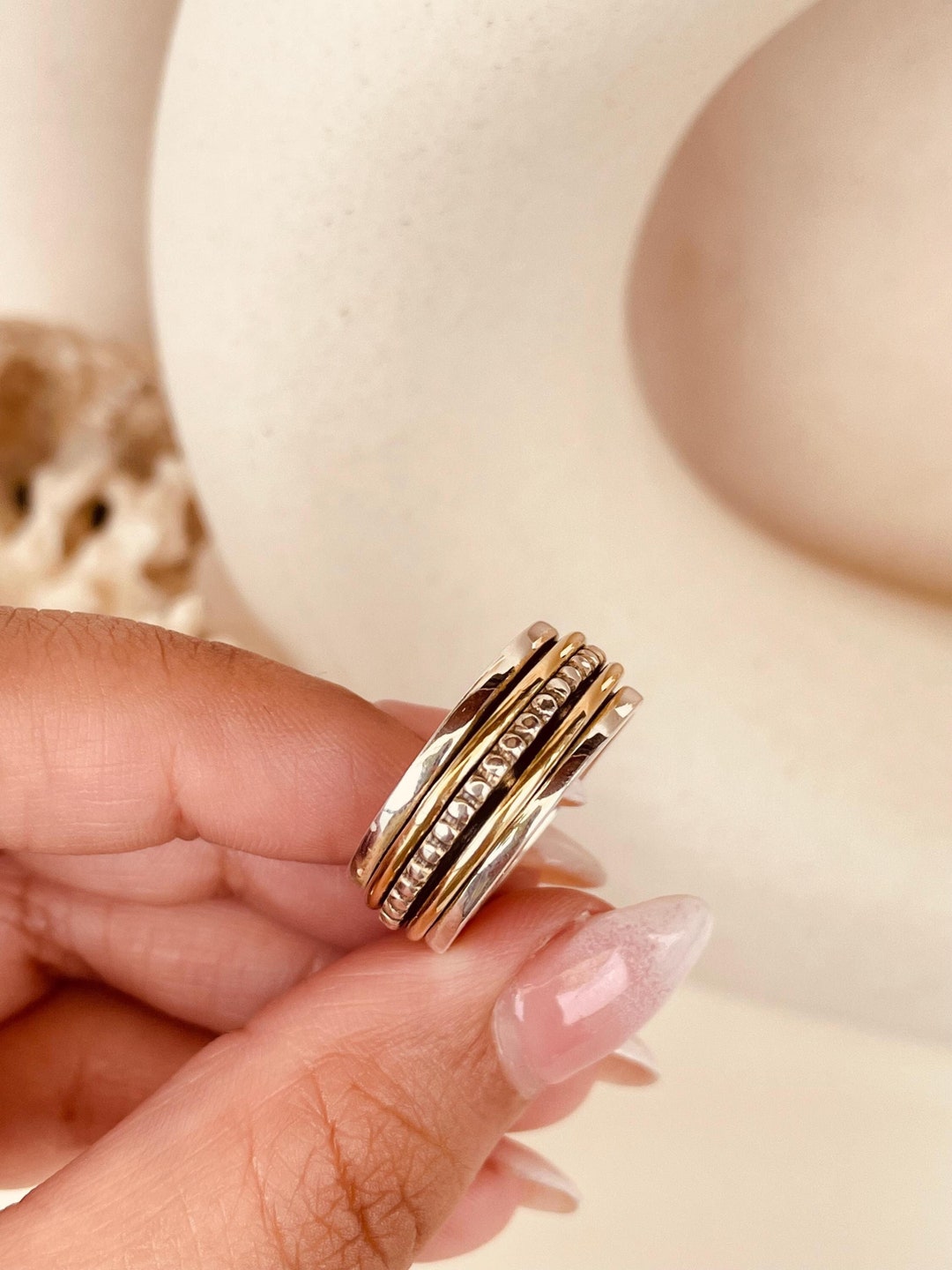 Two-tone Thumb Fidget Spinner Ring for Women, Sterling Silver Boho ...