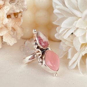 Boho Cinnabar and Pink Opal Ring, Boho Silver Moon Rings, Silver 925 ...