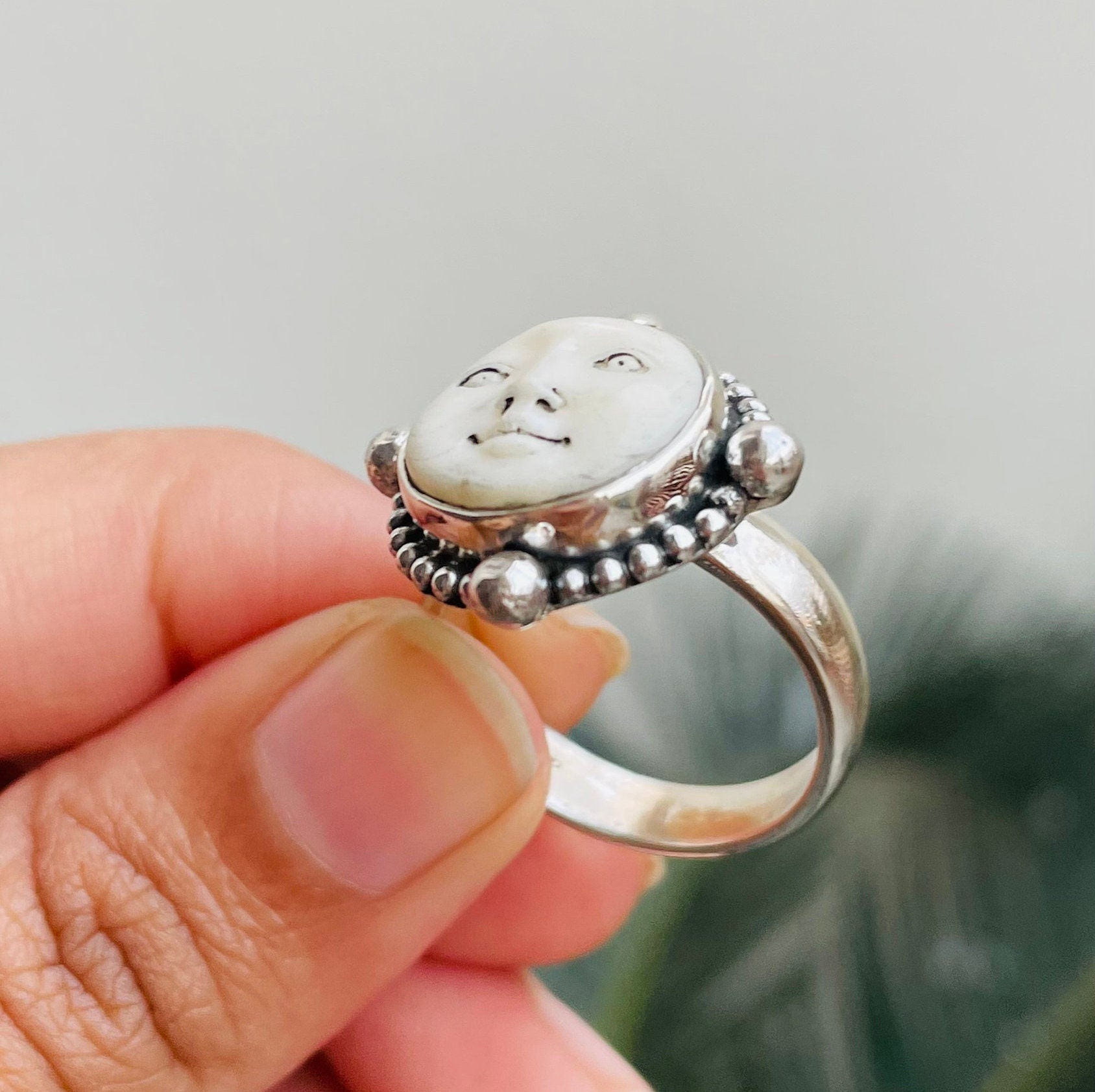 Moon Face Boho Solid Silver Ring for Women, Anniversary Gift for Women ...