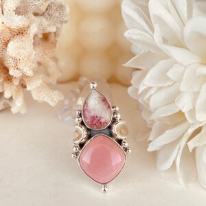 Boho Cinnabar and Pink Opal Ring, Boho Silver Moon Rings, Silver 925 ...