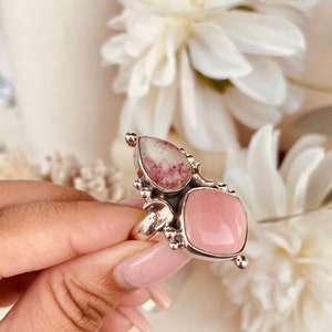 Boho Cinnabar and Pink Opal Ring, Boho Silver Moon Rings, Silver 925 ...