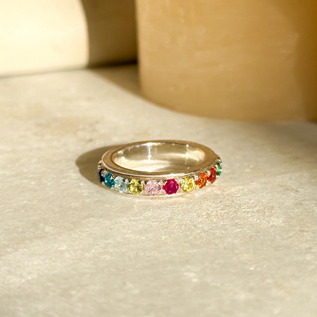 Rainbow Eternity Fidget Spinner Ring, Diamond Wedding Rings, Sterling ...