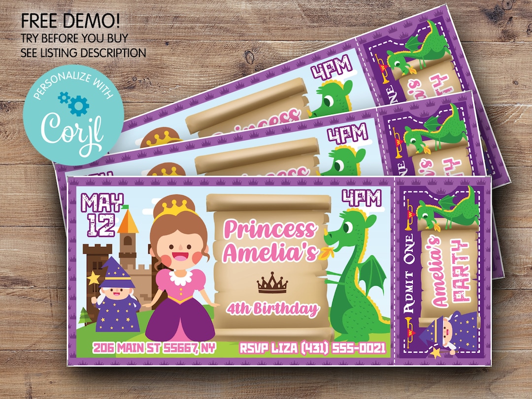 Princess Ticket Birthday Invitation, Personalised Princess Invitation ...