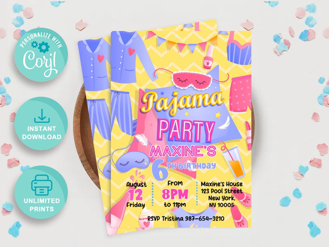 Personalized Pj Pajama Slumber Party Birthday Invitation Template