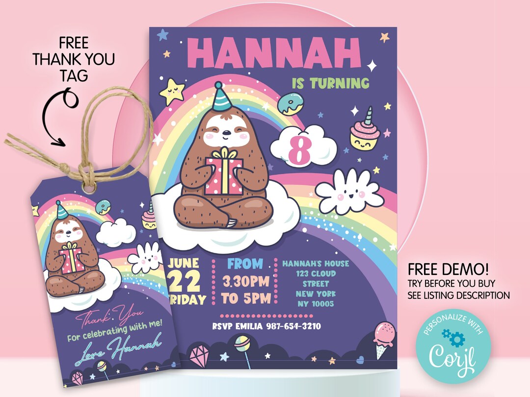 Personalized Sloth Birthday Party Invitation Template Printable ...