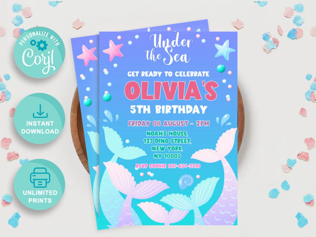 Personalized Little Mermaid Birthday Invitation Template Printable ...