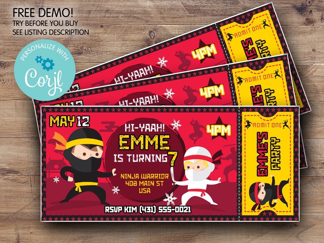 Ninja Warrior Ticket Birthday Invitation, Personalised Ninja Invitation ...