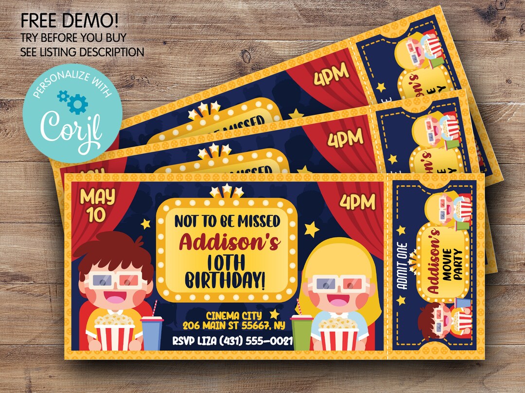Cinema Ticket Birthday Invitation, Personalised Movie Night Invitation ...