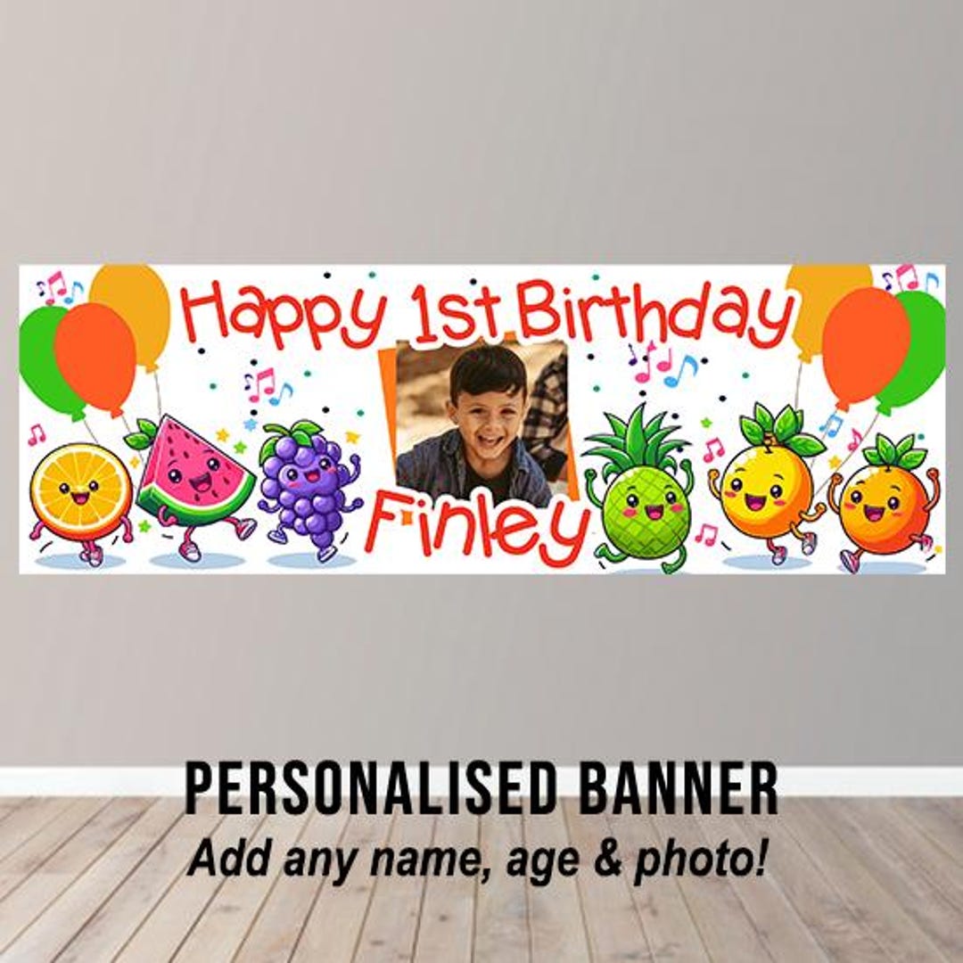 Personalised Dancing Fruits Themed Photo Birthday Banner Party Poster ...