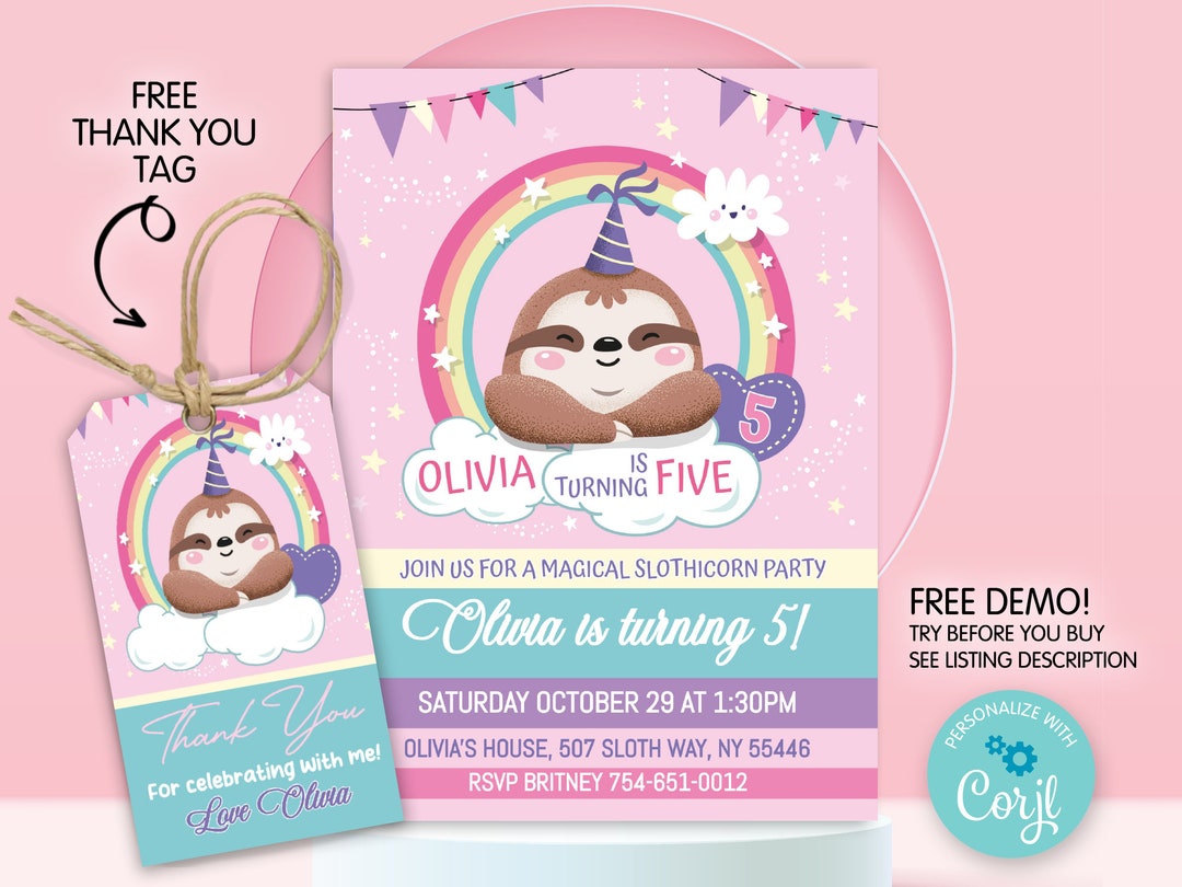 Personalized Sloth Cute Birthday Party Invitation Template Printable ...