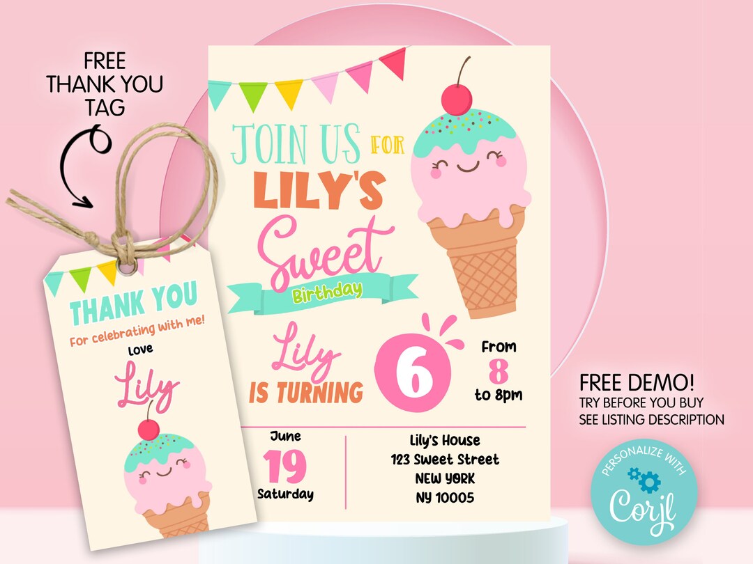 Ice Cream Birthday Invitation Template Printable, Personalised ...