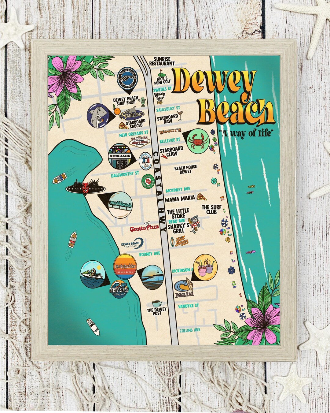 Dewey Beach Map, Delaware Beaches Art Print, Wall Art, Home Decor ...