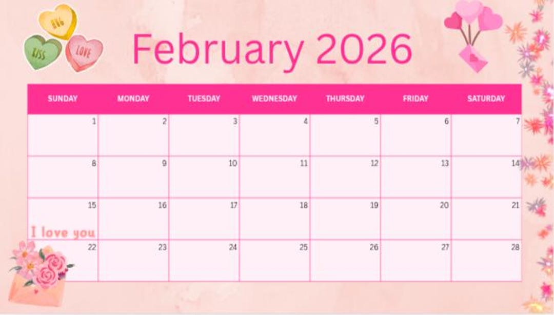 NEW February 2026 Valentine's Day Theme Printable Calendar - Etsy