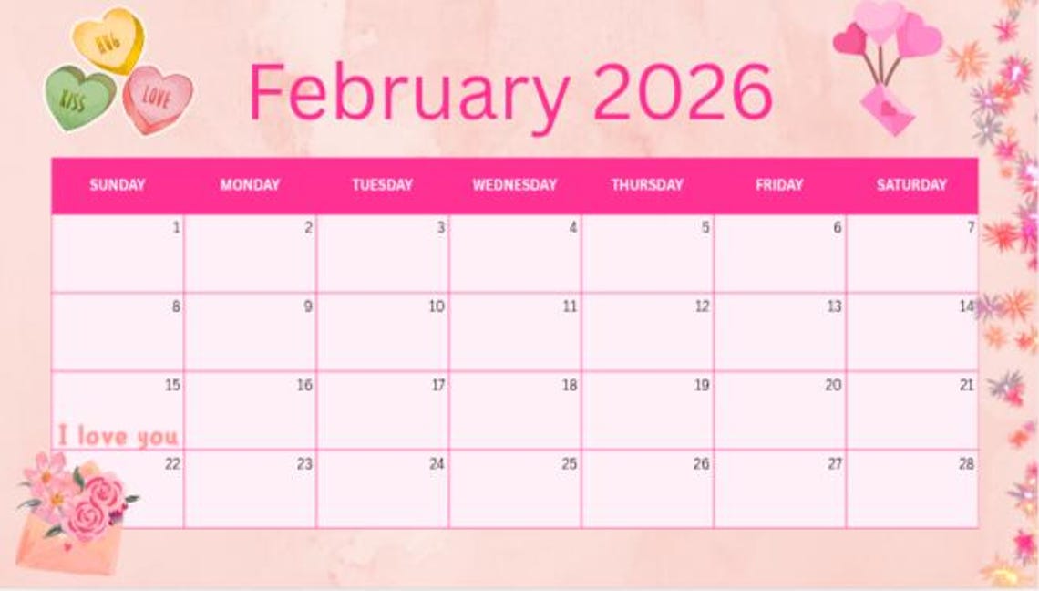 NEW February 2026 Valentine's Day Theme Printable Calendar - Etsy