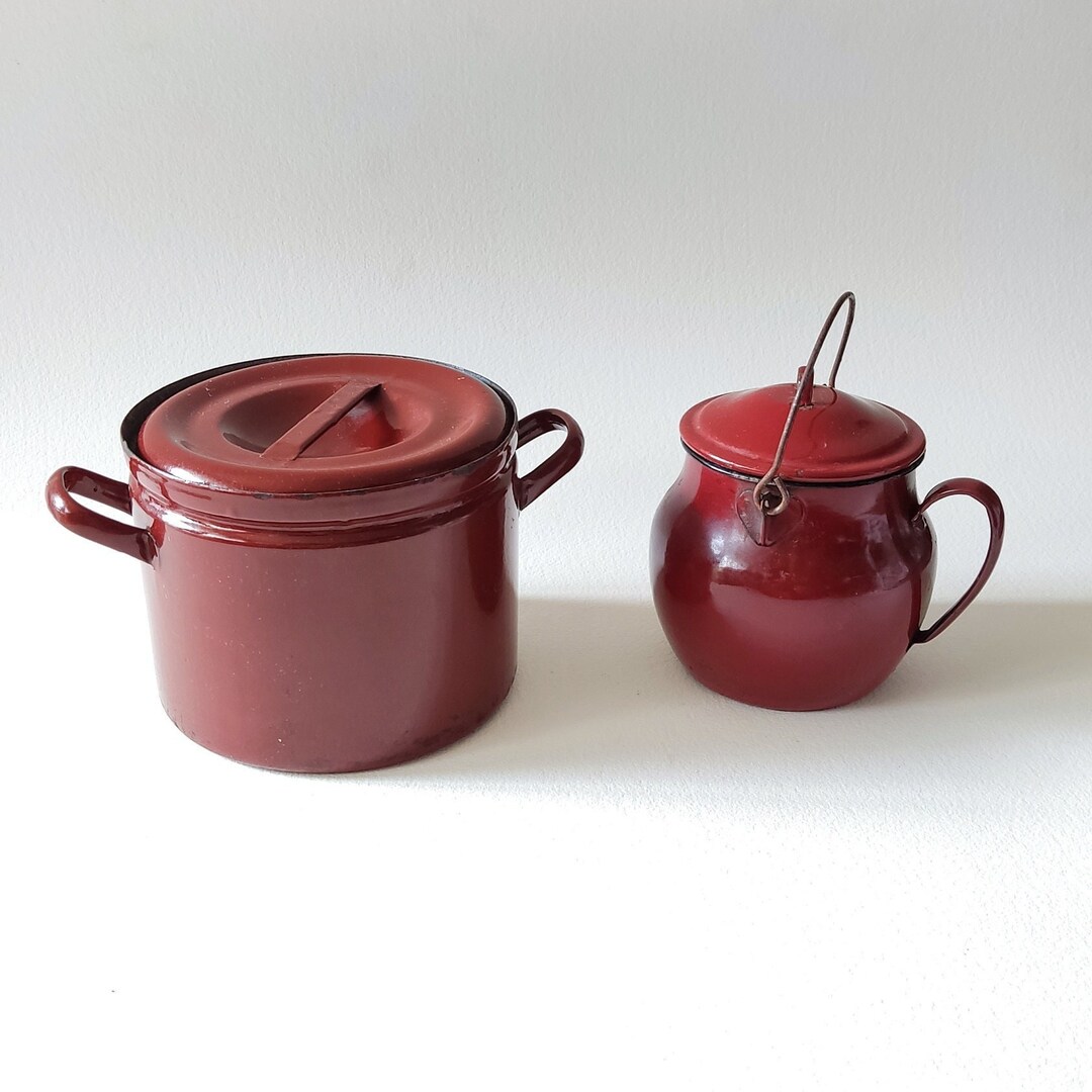Red Enamelled Pots, Vintage French, Kitchen Decor. - Etsy