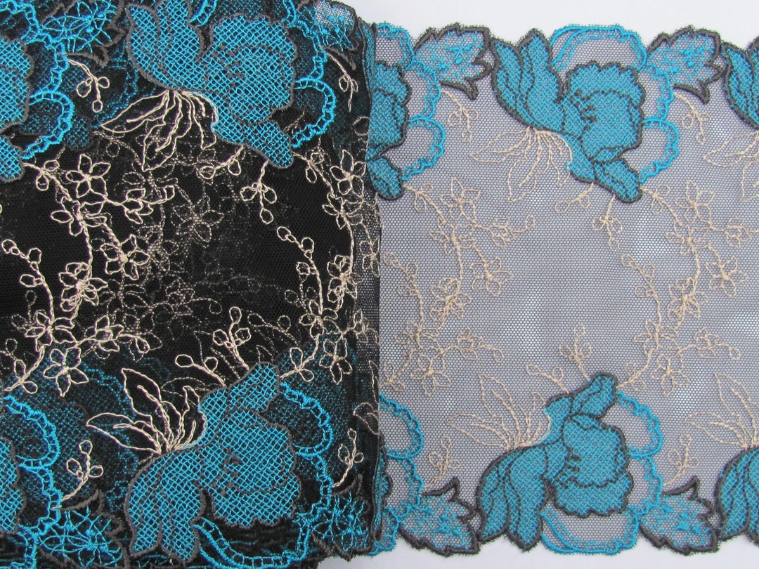 7" Wide Tulle Lace by Yard; Black Tulle Lace With Cyan Blue & White ...