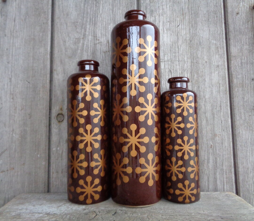 Set of 3 Hand Decorated Ceramic Bottles H711 Chocolate Brown Pottery ...