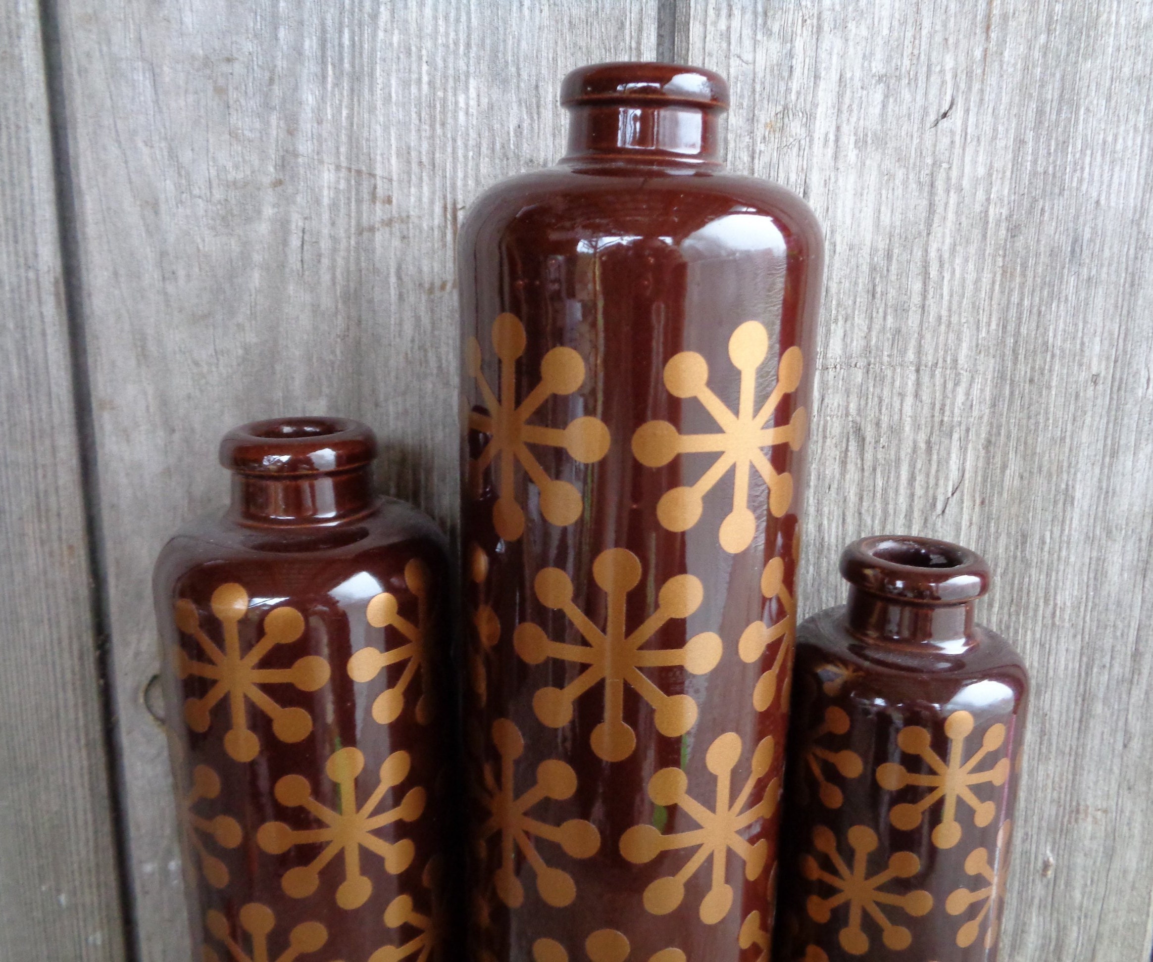 Set of 3 Hand Decorated Ceramic Bottles H711 Chocolate Brown Pottery ...