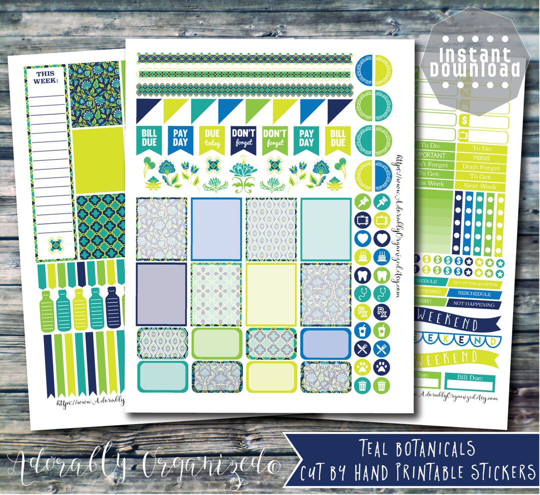 Teal Botanicals,printable PLANNER Stickers,planner Sticker Kit,erin ...
