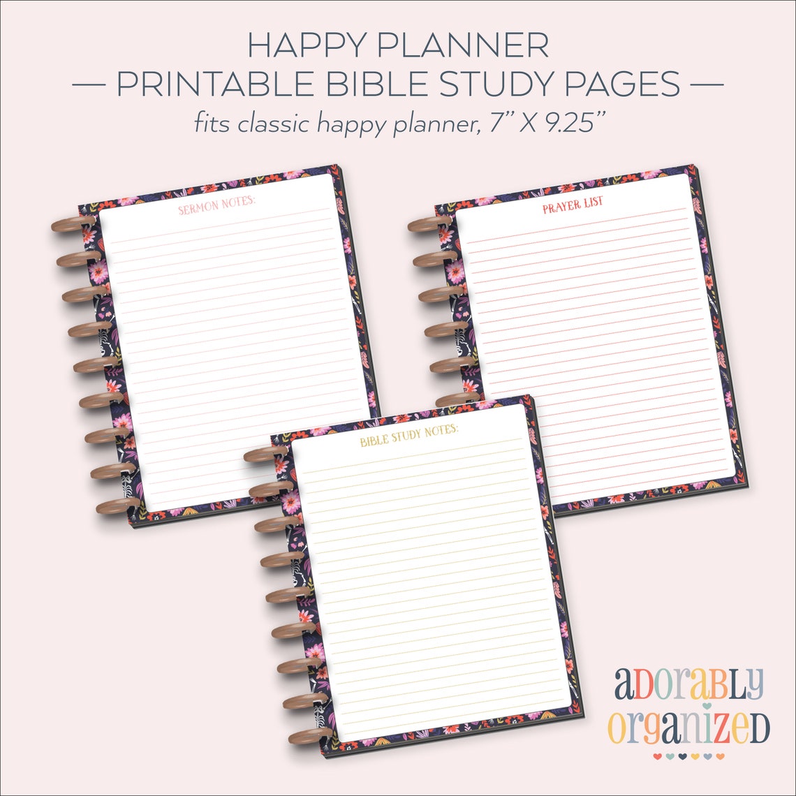 HAPPY PLANNER PRINTABLE Bible Study Pages / Inserts 7 X 9.25 Floral ...