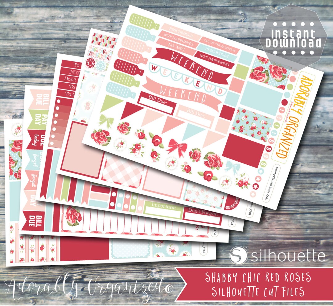 Shabby Chic Red Roses Printable PLANNER Stickers,planner Sticker Kit ...