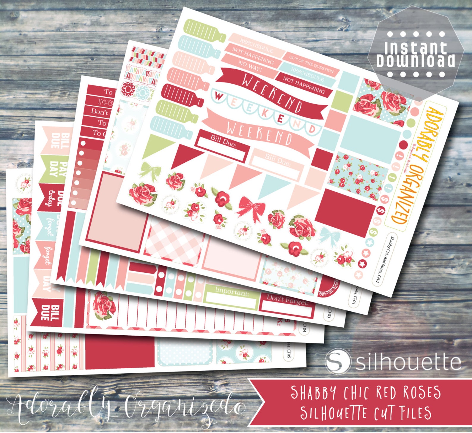 Shabby Chic Red Roses Printable PLANNER Stickers,planner Sticker Kit ...