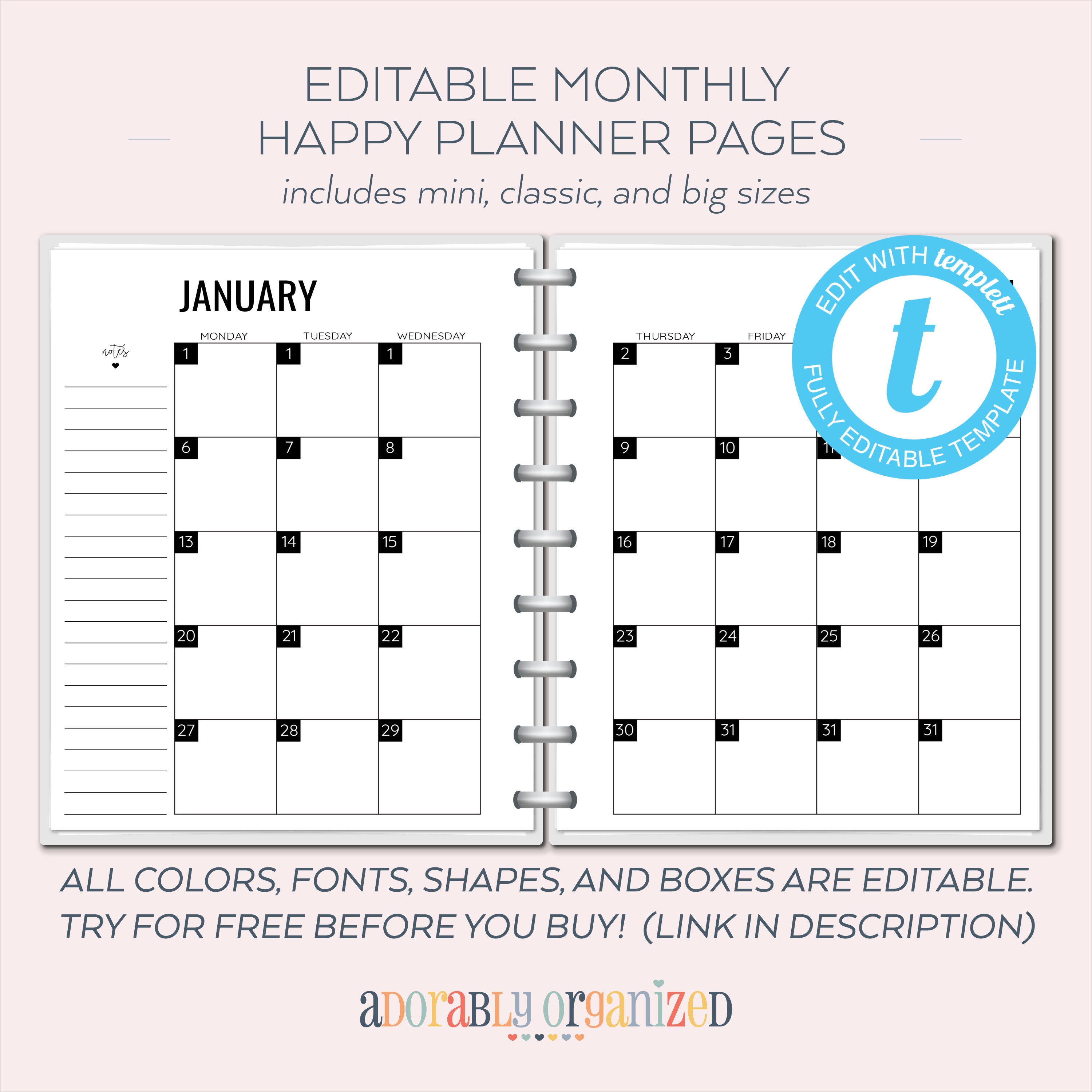 EDITABLE HAPPY PLANNER Monthly Planner Pages | Refill | Inserts ...