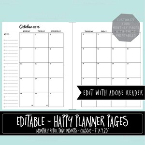 Happy PLANNER EDITABLE Monthly Planner Refills / Inserts - PDF 7 X 9.25 ...