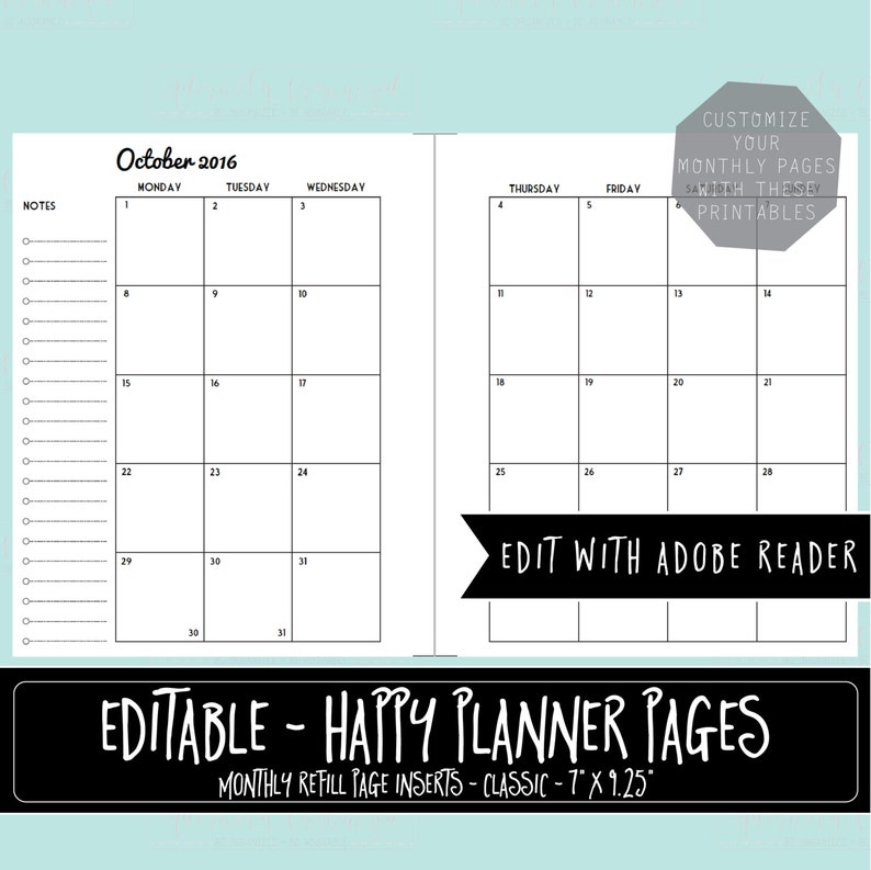 Happy PLANNER EDITABLE Monthly Planner Refills / Inserts PDF | Etsy