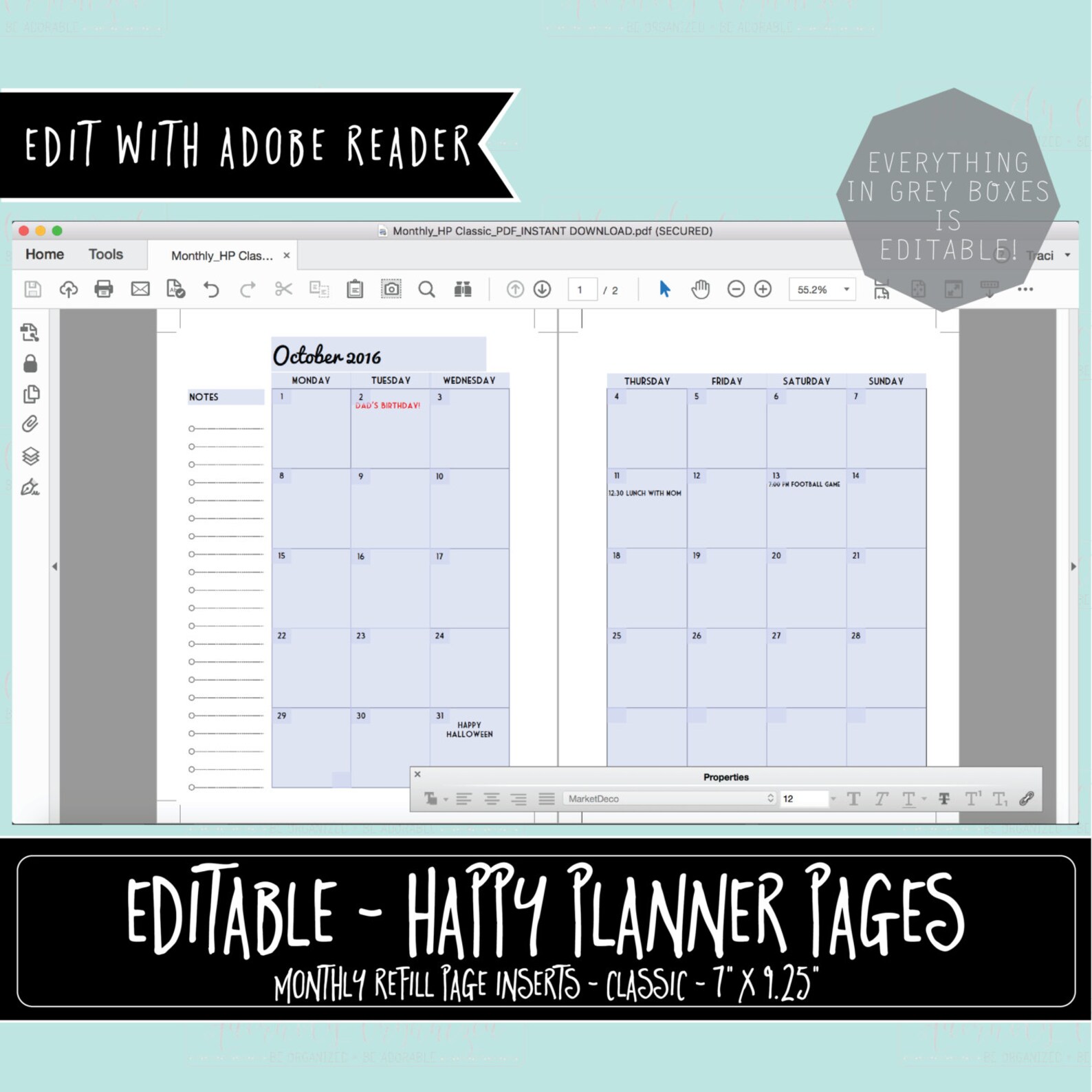 Happy PLANNER EDITABLE Monthly Planner Refills / Inserts - PDF 7 X 9.25 ...