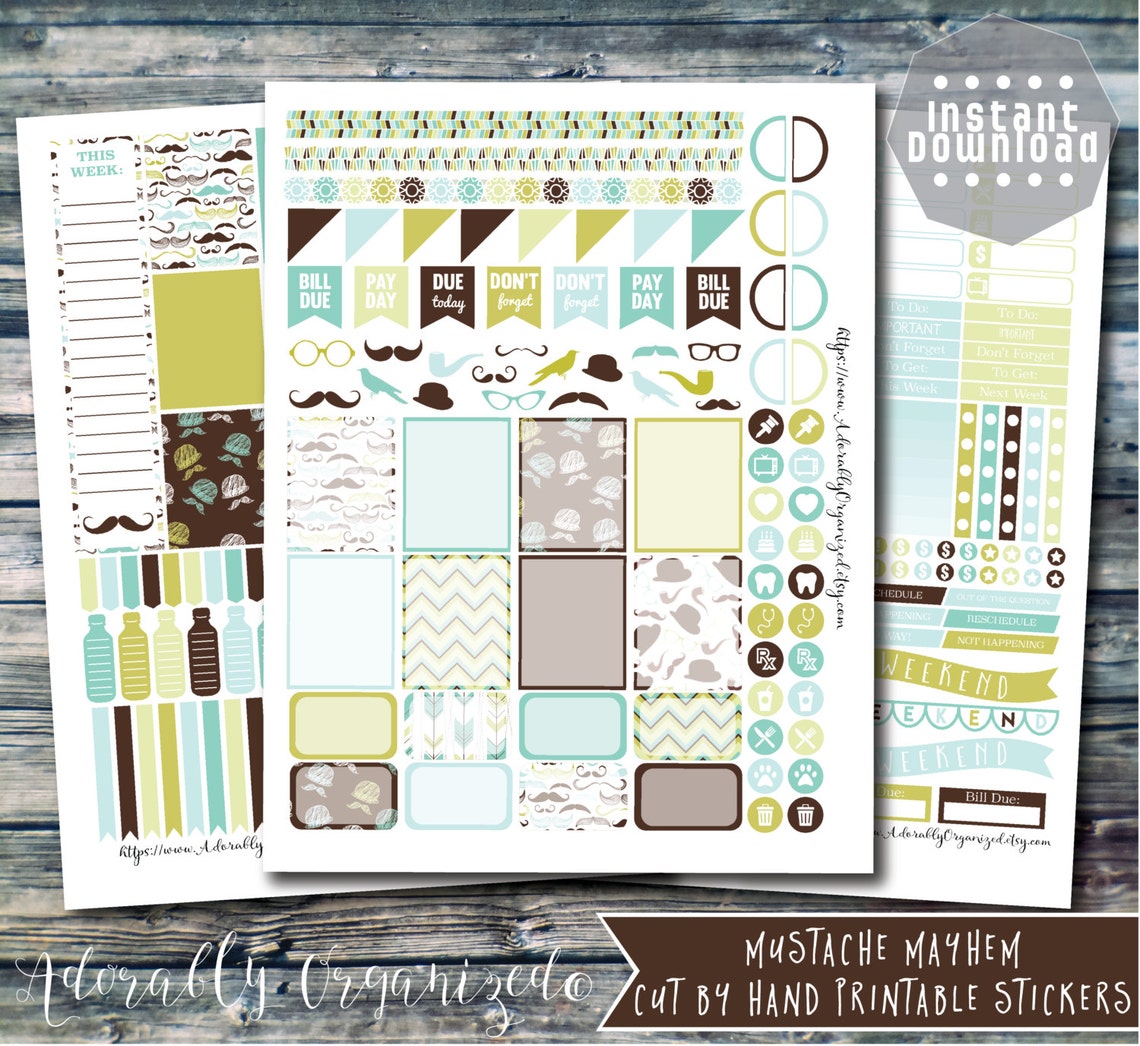 Mustache Mayhem,printable PLANNER Stickers,planner Sticker Kit,erin ...