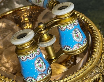 Blue French Opera Glasses Mother of Pearl Gold Opera Binoculars Antique ...