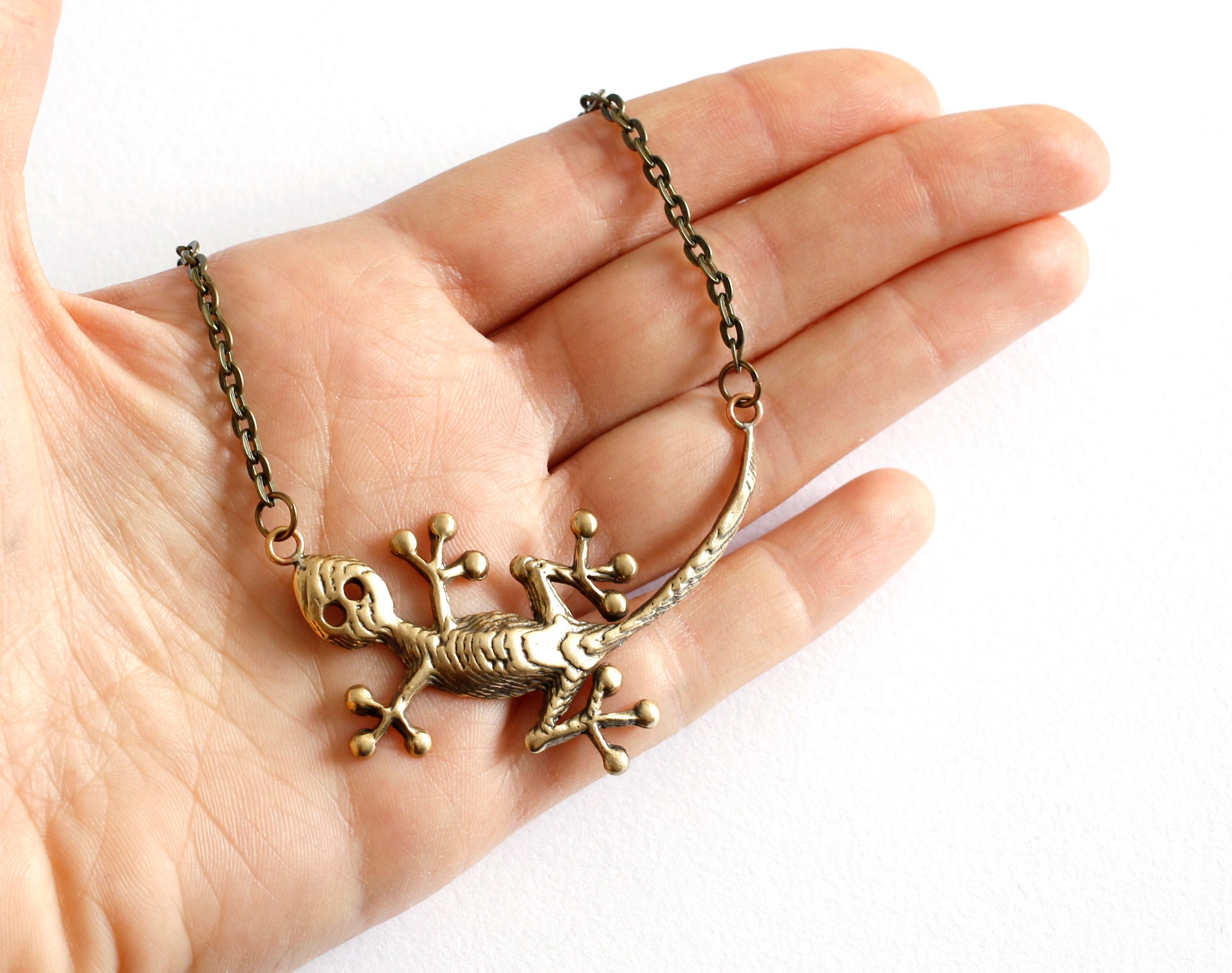 Yellow bronze gecko necklace Unique gift for a reptile lover | Etsy