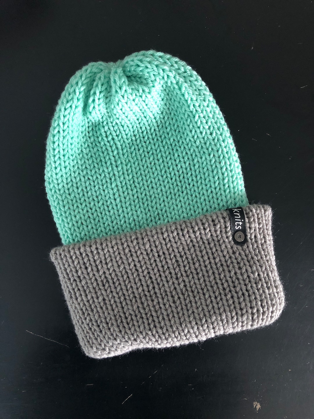 Three Color Double Knit Folded Brim Knit Hat / Bright Turquoise Grey ...