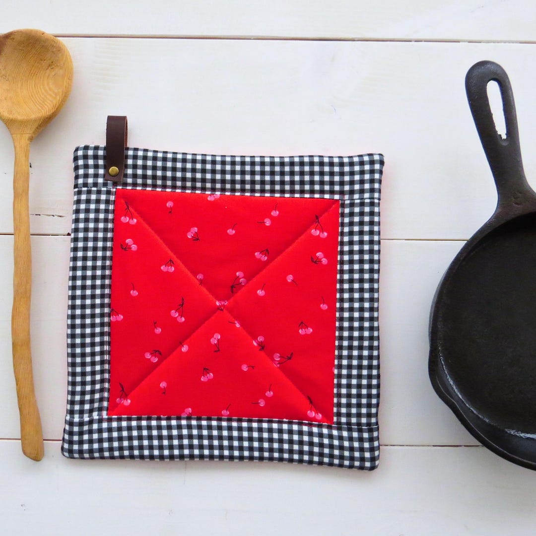 Cherry Red Hot Pad, Large Quilted Casserole Trivet, Berry Kitchen Decor ...