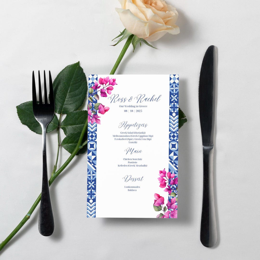 Personalized Greek Wedding Menu & Invitation, Printable Floral Greek ...