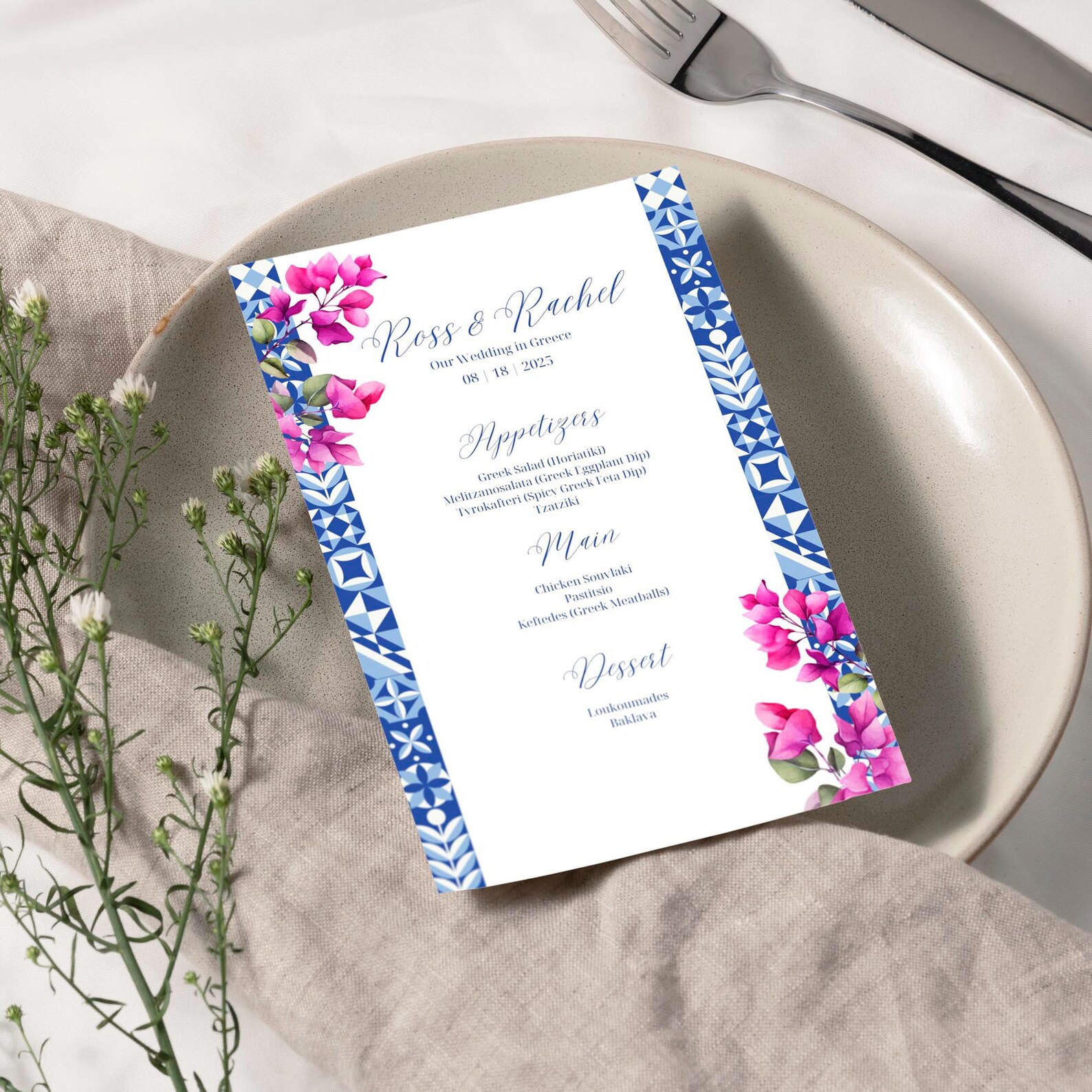 Personalized Greek Wedding Menu & Invitation, Printable Floral Greek ...