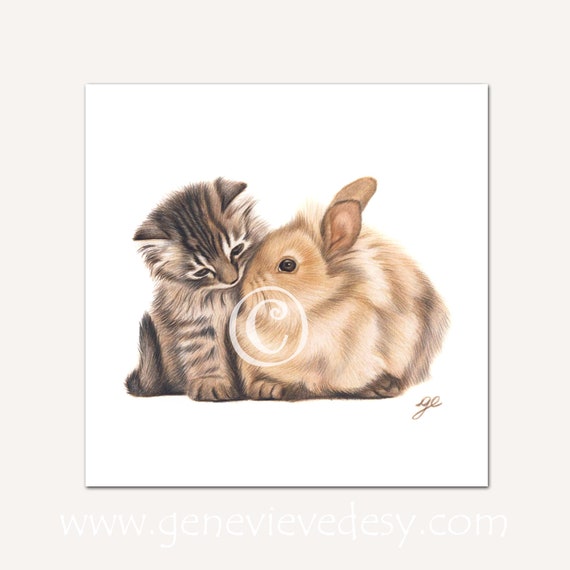 Digital Download of a Bunny and Cat Drawing Printable Art | Etsy