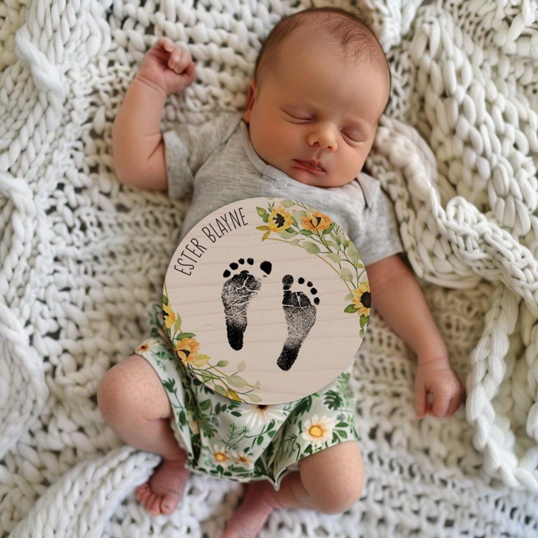 Baby Foot Print Sign, Footprint Name Sign, Sunflower Nursery, Birth ...