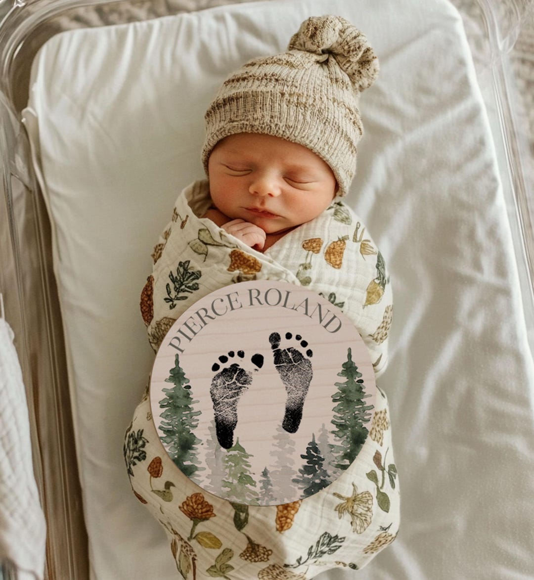 Baby Foot Print Sign, Footprint Name Sign, Woodland Nursery, Birth Sign ...